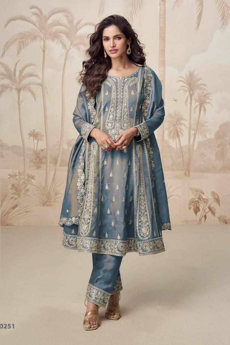 Bluish Grey Simmer Silk Kameez Pant | Embroidery Work | Shop Online Now ...
